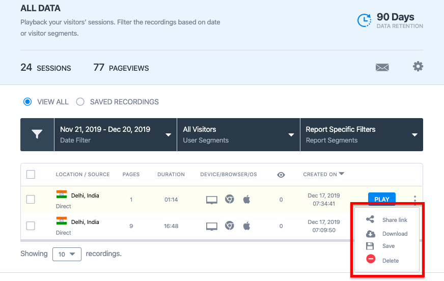 Using Session Recordings Dashboard in VWO – VWO